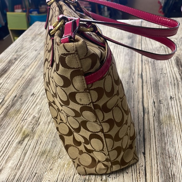 Coach | Bags | Coach Signature Merlot Stripe Tote Bag Small Pen Mark As ...